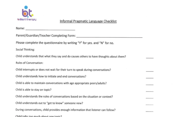 Brilliant Therapy Informal Pragmatic Language Checklist